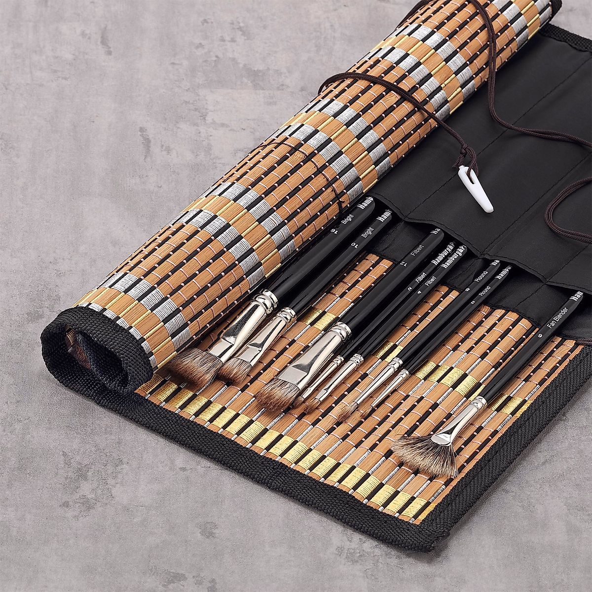 Creative Mark Paint Brush Roll Up Case - Bamboo Brush Mat with Tie Closure, 8 Large Pockets for Short and Long Handle Brushes, Breathable Design for Artists, Teachers, Students