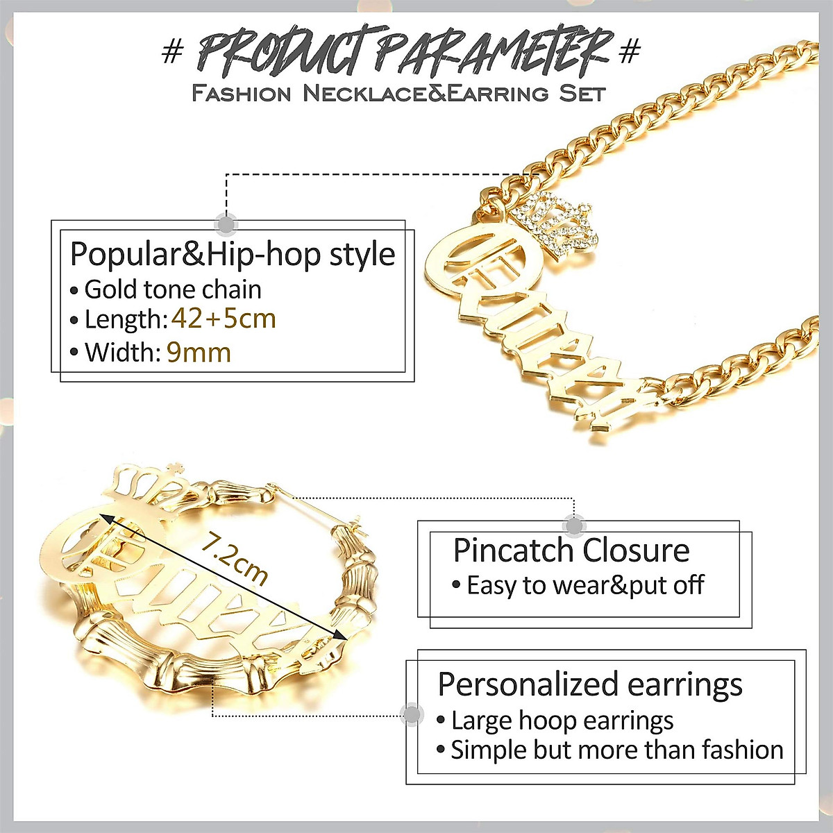 SAILIMUE Queen Pendant Curb Chain Necklace with Oversize Statement 90s Bamboo Hoop Earring Set for Women Gold Plated Color Punk Style Hip Hop Rapper