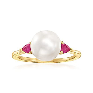 Ross-Simons 8mm Cultured Pearl and .20 ct. t.w. Ruby Ring in 14kt Yellow Gold. Size 5