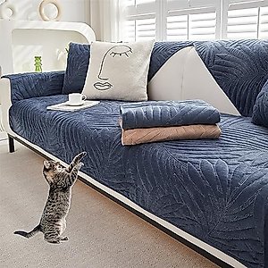 EXTLEZSA Velvet Sofa Slipcover Corner 3/2/1/4 Seater L Shape Embroidered Sofa Protector Thick Furniture Protector for Dogs Cats Kids (Navy Blue,30 * 50cm)