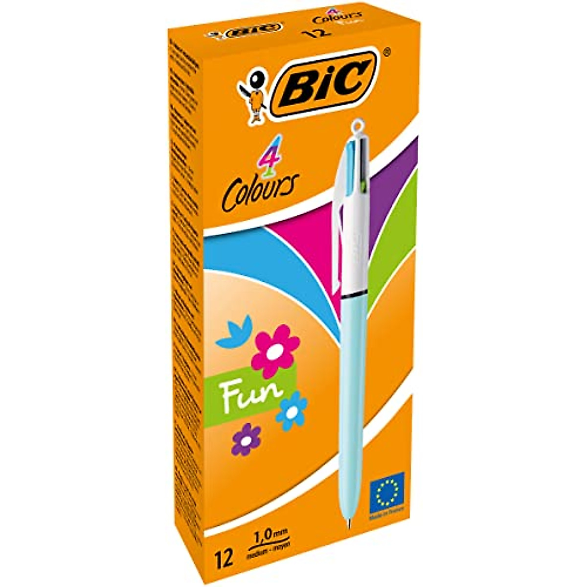 BIC 4 Colours Fun Retractable Ballpoint Pens - Box of 12 with Light Blue Pastel Barrel and Medium Point (1.0 mm)