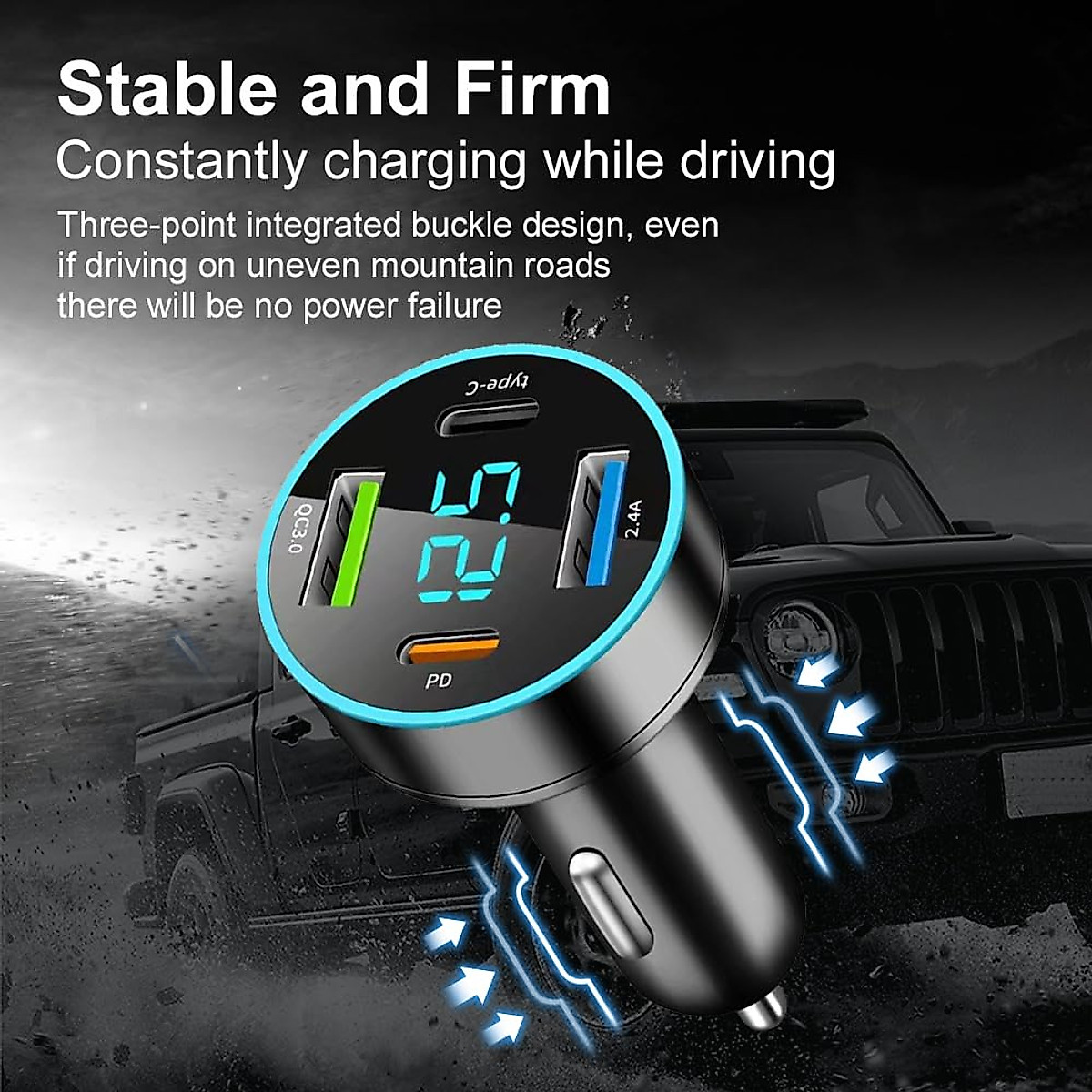 Car Charger,4-in-1 Super Fast Car Charger Adapter with Voltmeter & Blue LED,Universal PD+QC3.0+USB C Ports Car Cigarette Lighter USB Charger Compatible with iPhone Android (QC3.0+Type-C+PD+2.4A)