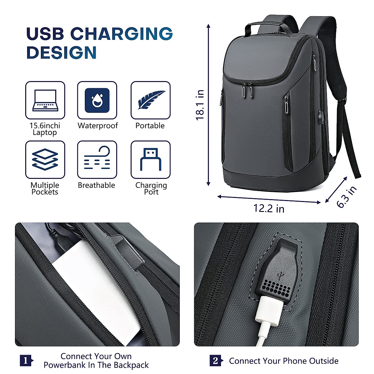 Konelia Slim Business Smart Backpack for Men Waterproof fit 15.6 Inch Laptop Travel Backpack with USB Charging Port