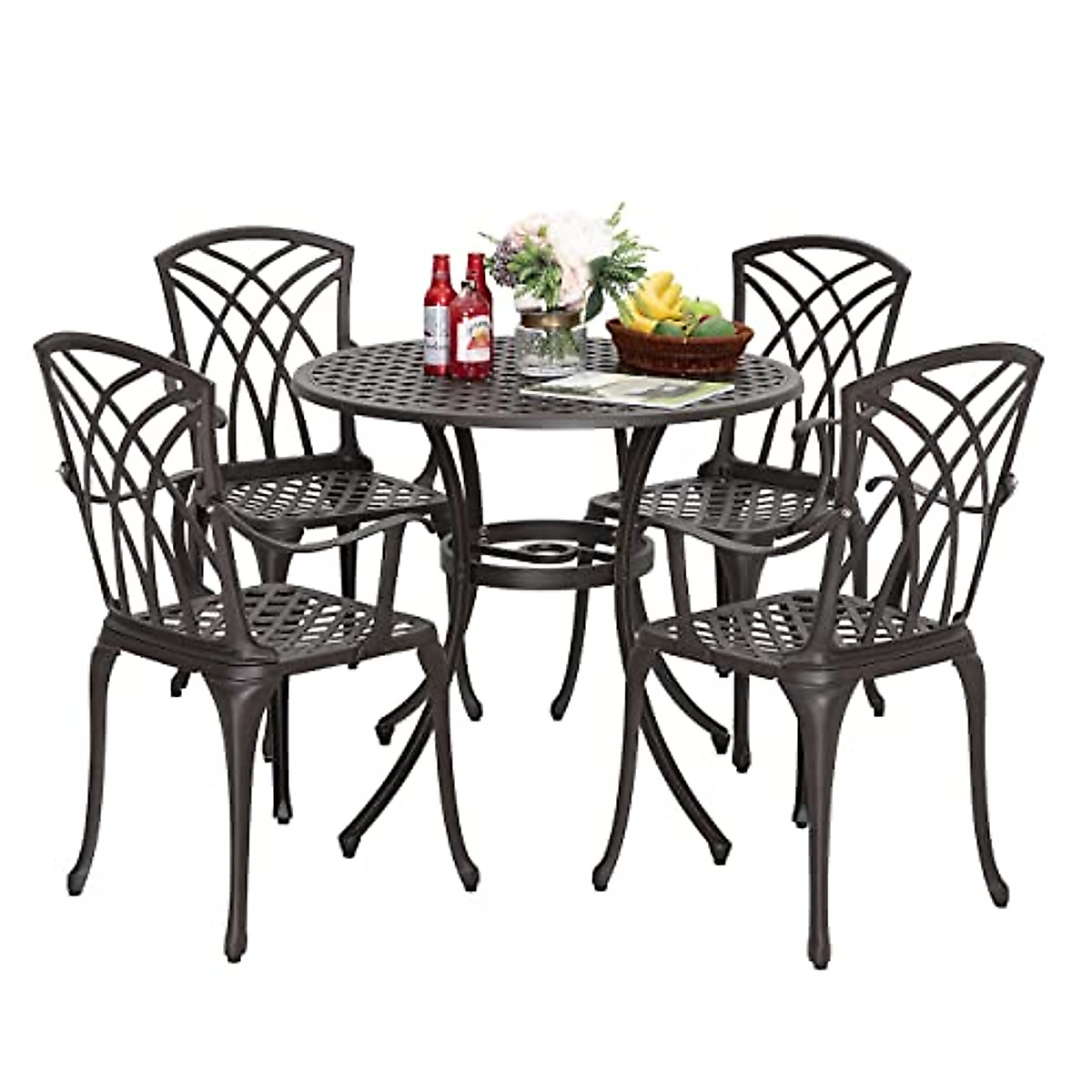 Nuu Garden 5 Pieces Patio Dining Set, Cast Aluminum Outside Table and Chairs with 4 Chairs and 33 Inch Round Bistro Table with Umbrella Hole for Backyard Deck Lawn and Garden Antique Bronze