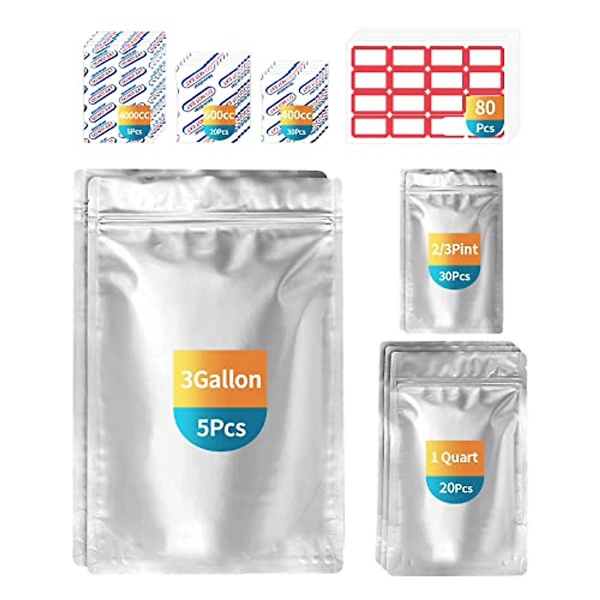 55 Pack Mylar Bags with Oxygen Absorbers, 10 Mil Mylar Bags for Long Term Food Storage, Resealable Heat & Sealable