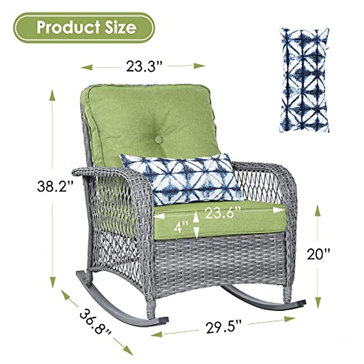 VONZOY Outdoor Rocking Chairs, Wicker Patio Furniture with Green Thickened Cushion for Porch Balcony Deck