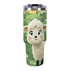 LLUTSNTH 40 Oz Vacuum Tumbler with White Handle Leakproof Insulated Tumbler Cute Cartoon Sheep Stainless Steel Travel Mug with Lid And Straw Coffee Cup Cute Water Bottles Cup Holder Friendly