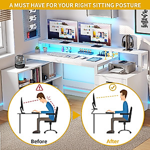 DWVO L Shaped Desk with Power Outlets & LED Lights, 65" Computer Desk with Drawers, Corner Desk Office Desk with File Cabinet & Printer Stand, White