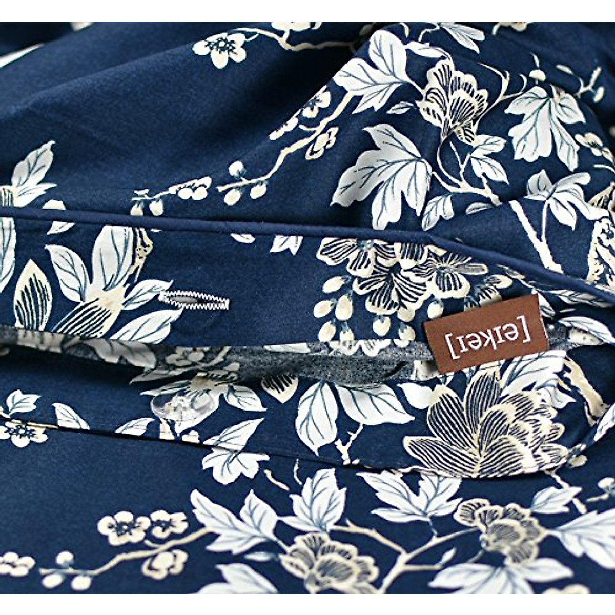 Eastern Floral Chinoiserie Blossom Print Duvet Quilt Cover Navy Blue Tan White Asian Style Botanical Tree Branches Ornamental Drawing 400TC Egyptian Cotton 3pc Bedding Set (King)