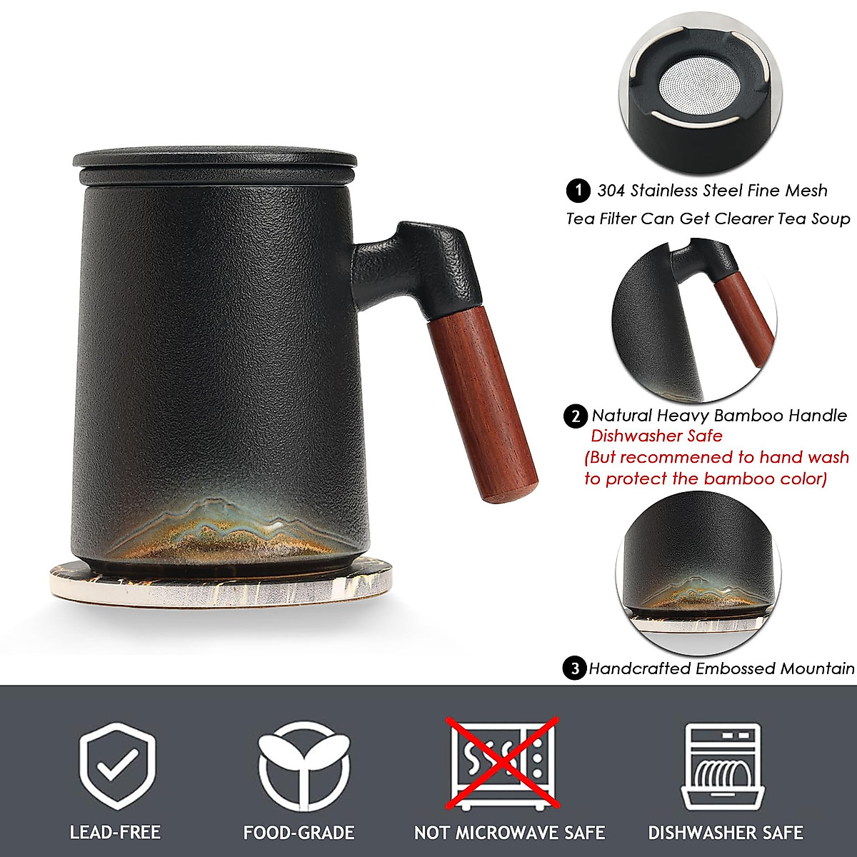 Ochcahser Tea Cup with Infuser and Lid, 15.2 Ounces Artistic Mountain Embossed Ceramic Tea Mug with Absorbent Coaster for Loose Leaf Tea, Ergonomic Bamboo Handle Tea Steeping Mug for Tea Lovers