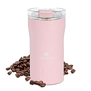 SANTECO Travel Coffee Mug 12 oz, Insulated Coffee Cups with Flip Lid, Stainless Steel Coffee Mugs Spill Proof, Double Wall Vacuum Tumblers, Reusable To Go Mug for Hot/Ice Coffee Tea - Pink