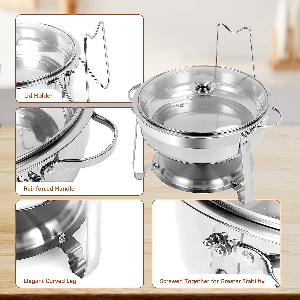 BriSunshine 3 Packs Round Chafing Dish Buffet Set, 4 QT Stainless Steel Chafing Dishes with Glass Lid & Lid Holder, Catering Food Warmers for Parties Buffet Weddings Events