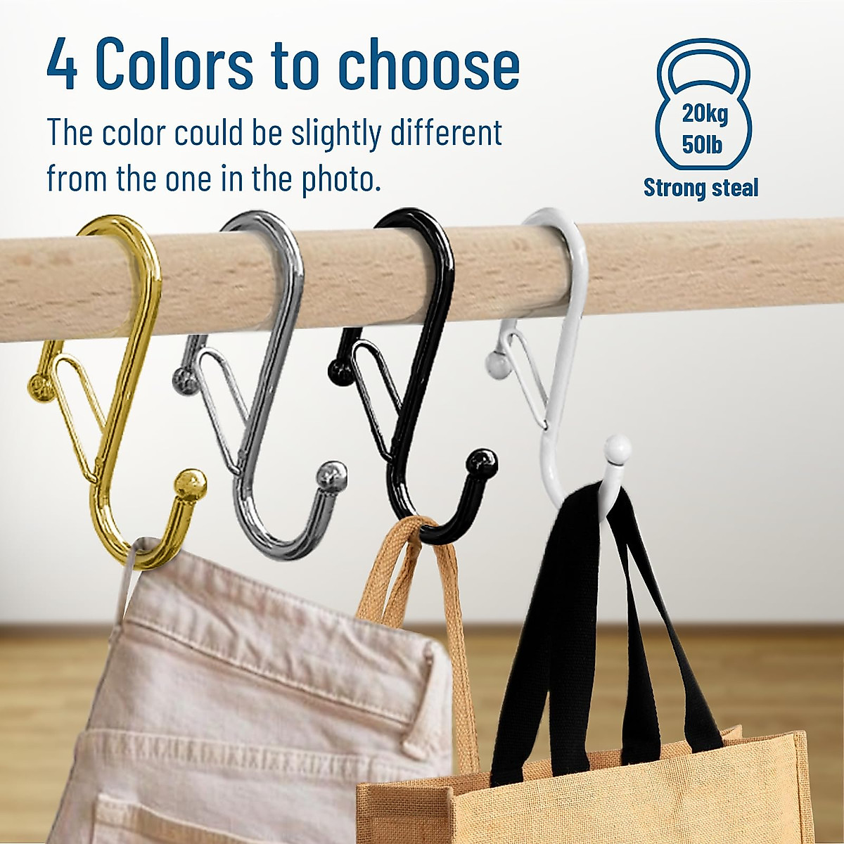 Blau Marité 10 Metalic S-Hooks with Anti-Fall System. Anti Drop S-Shaped Hook with Safety Buckle to Prevent Falls. Heavy Duty. (Golden, 3.25in Long (Diameter Rod<0.8in))