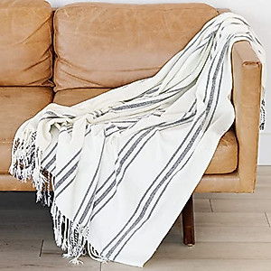 GRACED SOFT LUXURIES Chenille Fringe Throw Blanket for Couch | 50" x 60" Soft, Textured, Fluffy, Warm, Cozy Striped Boho Blanket | Decorative Yet Buttery Soft (Charcoal Stripe)