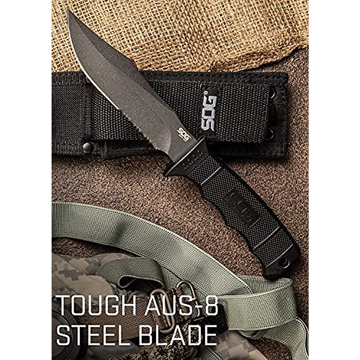 SOG Fixed Blade Knives - Seal Pup Tactical Knife Survival Knife and Hunting Knife w/ 4.75 Inch Blade and MOLLE Knife Sheath & GRN Grip (M37N-CP) , black