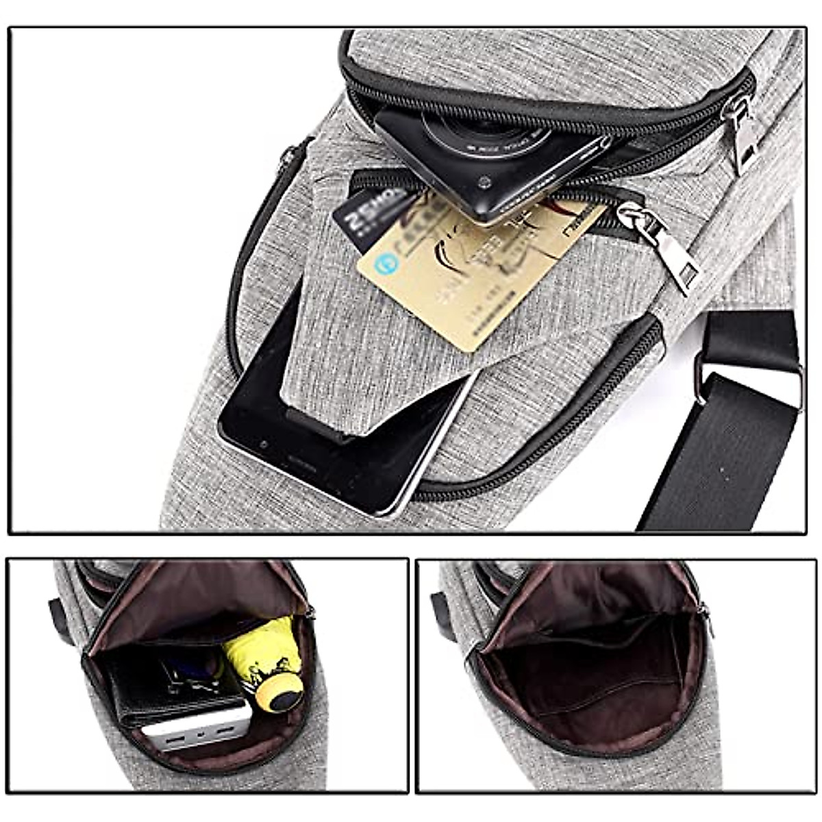 ULemeili Sling Backpack with USB Charging Port, Men Women Chest Crossbody Shoulder Bag Biking Hiking Cycling (Grey, One Size)