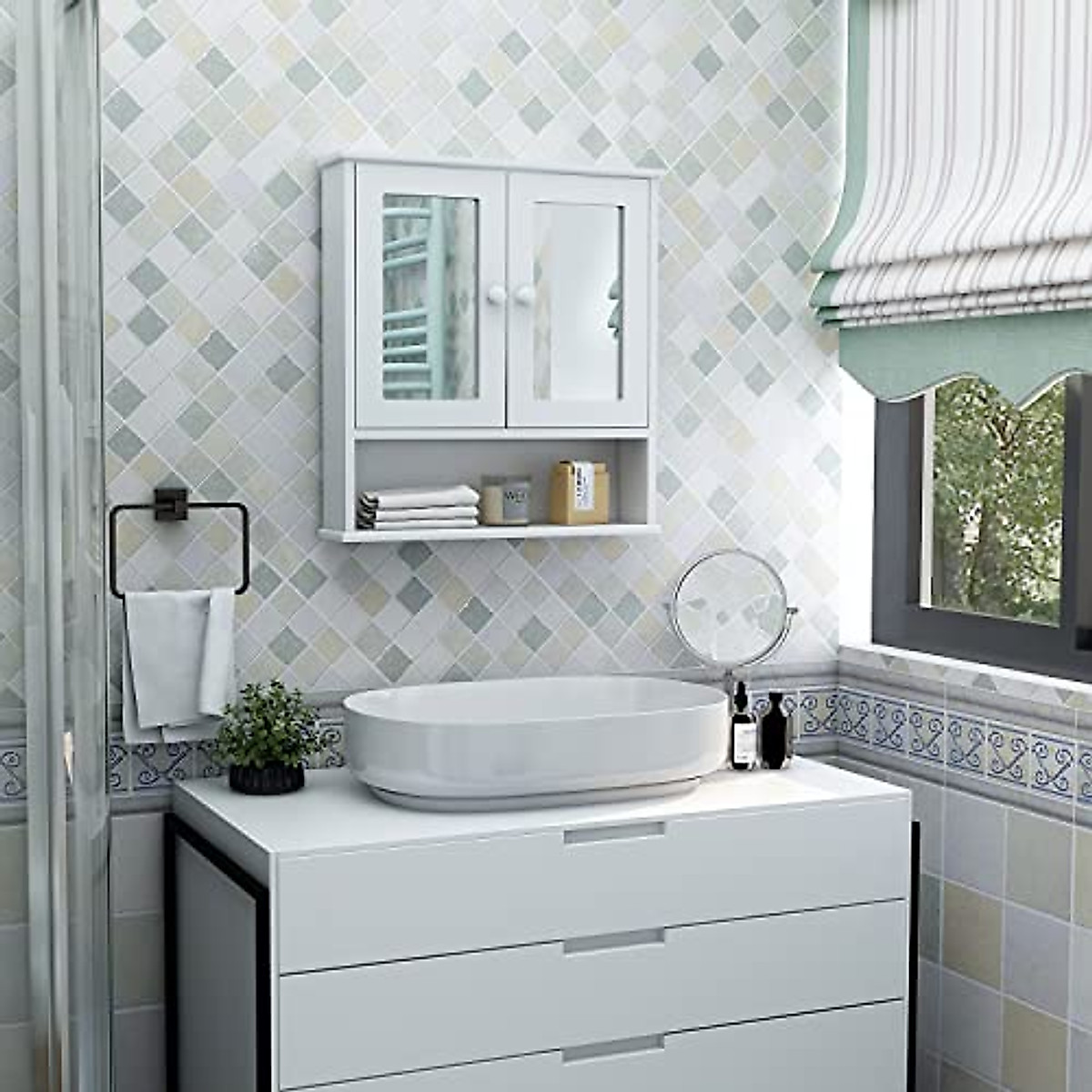 TaoHFE Medicine Cabinet,Medicine Cabinets for Bathroom with Mirror 2 Doors 3 Open Shelf,Bathroom Cabinet Wall Mounted Wooden Bathroom Storage Cabinet Over Toilet Bathroom Cabinet Laundry Room Kitchen