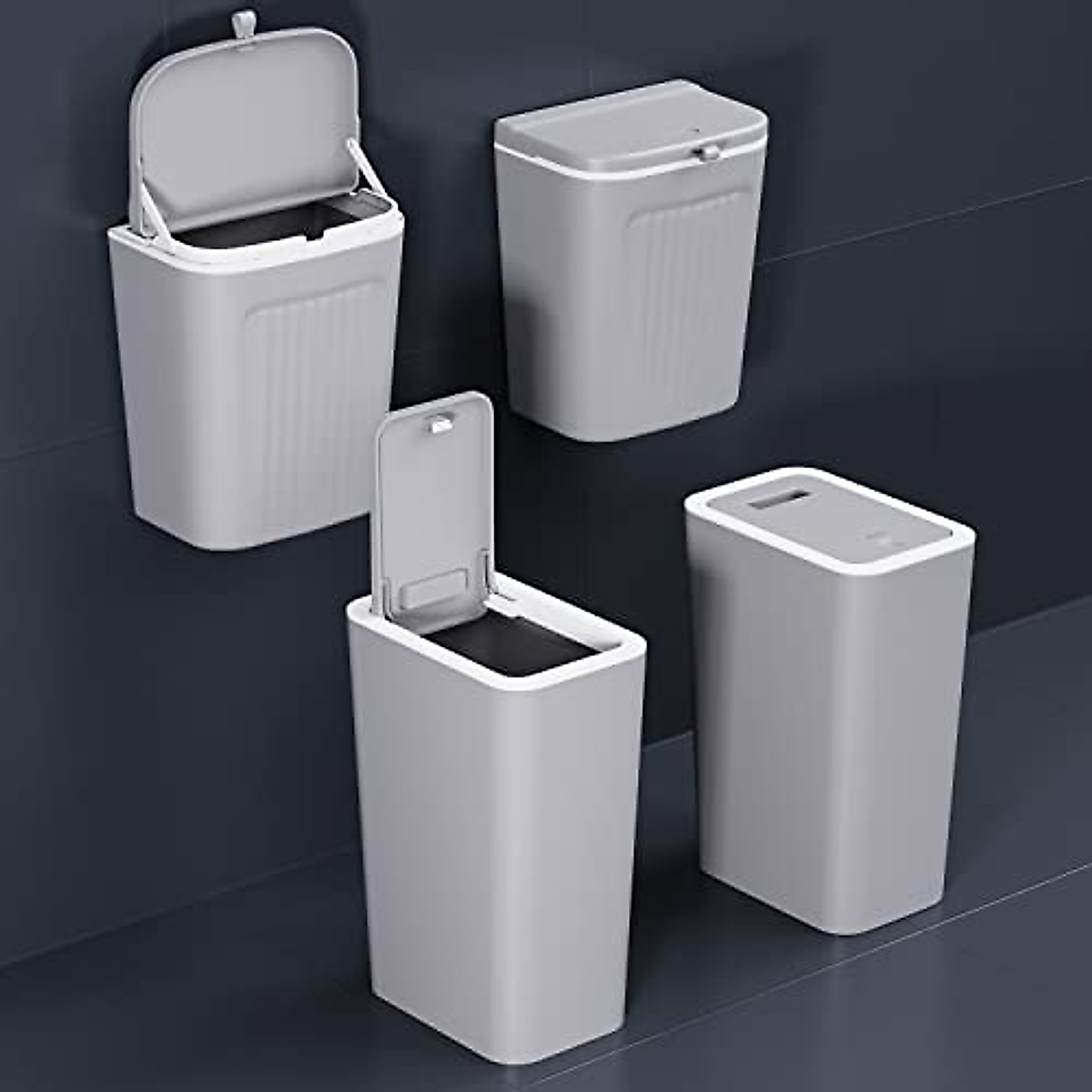 NetDot 4 Pack Trash Can with Lid,2 Pack 12L/3.2-Gallon and 2 Pack 9L/2.4-Gallon Hanging Trash Cans,Small Garbage Can Waster Basket for Bathroom,Kitchen, Living Room - Gray