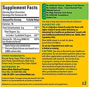 Nature Made Extra Strength Vitamin D3 5000 IU (125 mcg) per serving, Dietary Supplement for Bone, Teeth, Muscle and Immune Health Support, 80 Gummies, 40 Day Supply