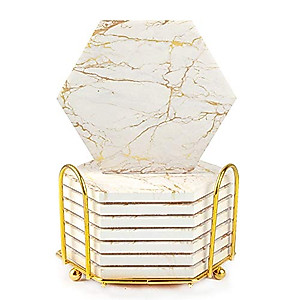 Marble Coasters for Drinks Absorbent with Cork Base, 8pcs Drink Coasters for Wooden Table with Metal Holder, Gold Ceramic Cup Coaster Set Rustic Home Decor for Living Room Bar - Housewarming Gifts