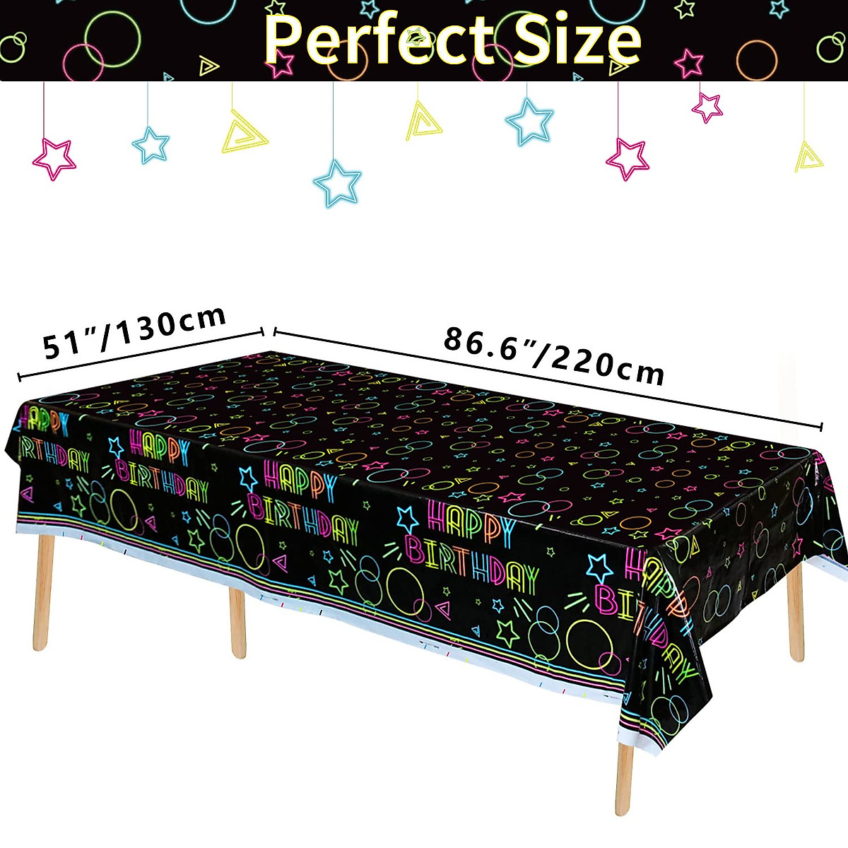 XJLANTTE 3 Pack Glow Party Tablecloth Supplies - Neon Plastic Disposable Birthday Table Cover, Black Light Rectangle All Over Print Table Cloth 51"x86.6" for Glow in The Dark Parties Decorations