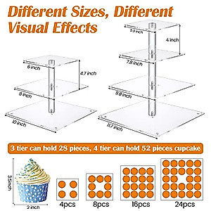 4 Pcs Square Acrylic Cupcake Stand, 4 Tier Cupcake Holder and 3 Tier Cupcake Tower with Yellow LED Light String Cupcake Pastry Display Stand for Wedding Birthday Candy Bar Decor