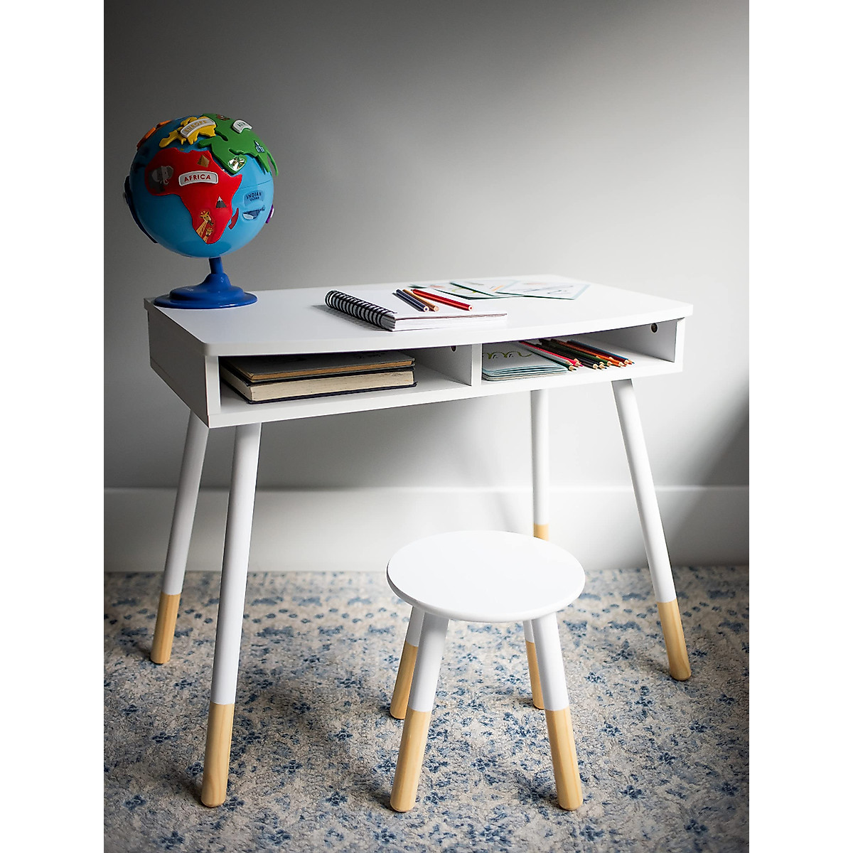 Wildkin Kids Premium Homework Desk with Storage and Stool Set for Boys and Girls, Includes One Matching Stool, Classic Timeless Design Features Solid Wood Legs (White w/Natural)