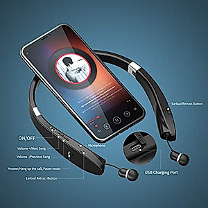AMORNO Foldable Bluetooth Headphones Wireless Neckband Headset with Retractable Earbuds, Sports Sweatproof Noise Cancelling Stereo Earphones with Mic