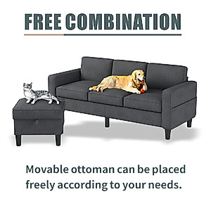 Yattem Convertible Sectional Sofa Couch, 3Seat L-Shaped Sectional Sofa Couch,Dark Gray Linen Sofa Furniture Sets with Reversible Storage Ottoman & Storage Pockets for Living Room Apartment Small Space