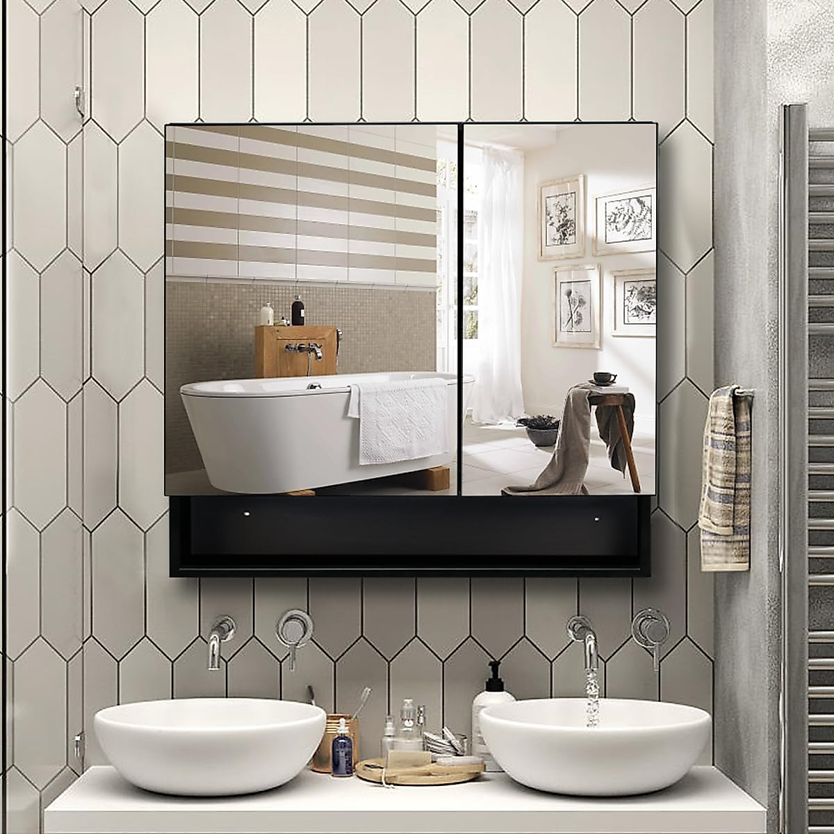 HESONTH Farmhouse Black Metal Framed Surface Mounted Bathroom Medicine Cabinet with Mirror Rectangle Vanity Mirros Cabinet for Wall with Double Doors