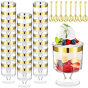 200 Pcs Mini Dessert Cups with Spoons Include 100 Pcs 5 oz Disposable Plastic Mousse Cups with Gold Rim 100 Pcs Gold Tasting Spoons Clear Plastic Parfait Glasses Dessert Bowls for Wedding Party