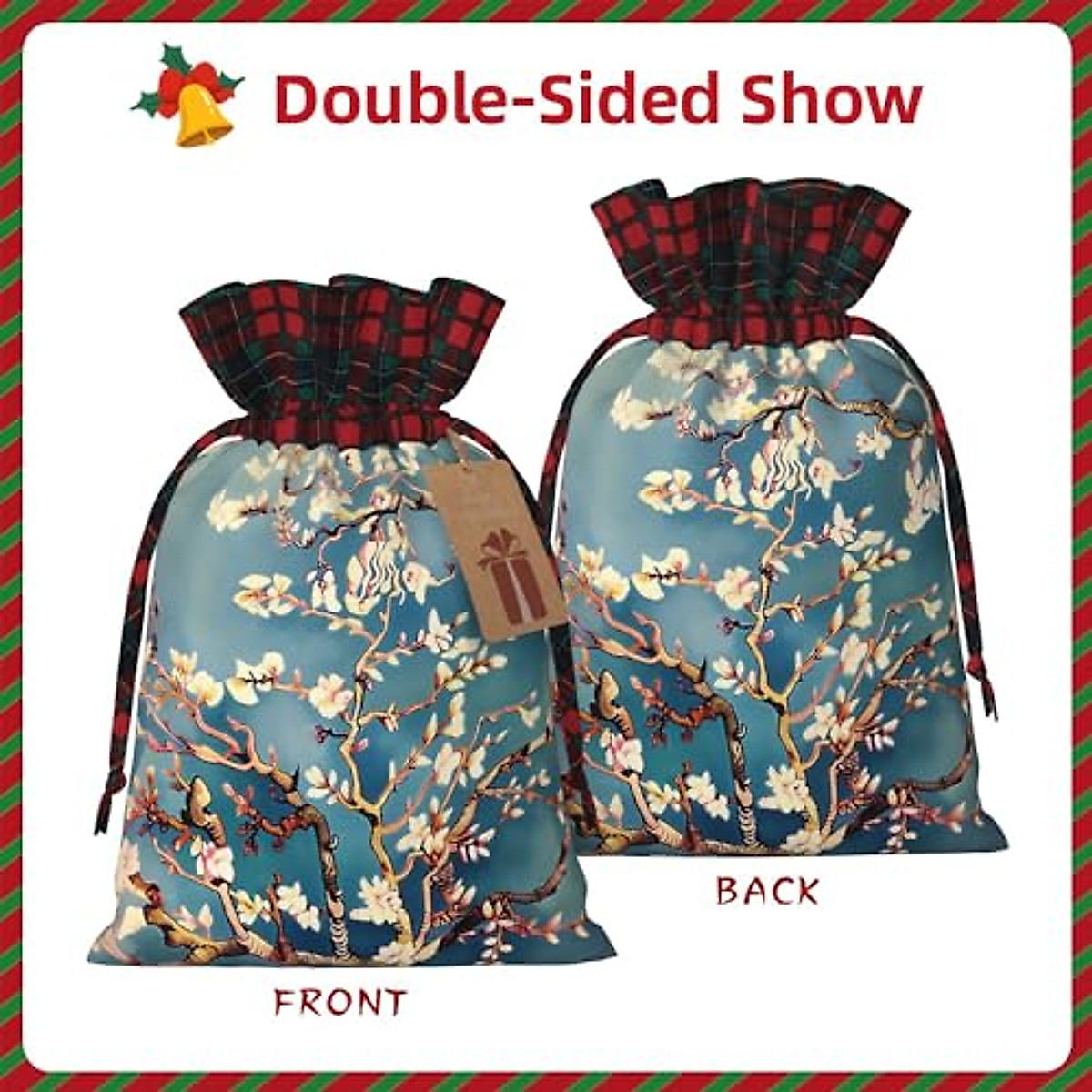 EVANEM Christmas Gift Bags with Drawstring Burlap Gift Bags almond blossom Christmas Linen Bags for Xmas Party Candy Bags with Cards Xmas Reusable Wrapping Bags Christmas Linen Treat Bags for Holiday