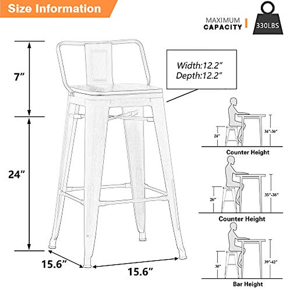 Yongchuang 24" Metal Barstools Set of 4 Counter Bar Stools with Wood Top Low Back Matte Black