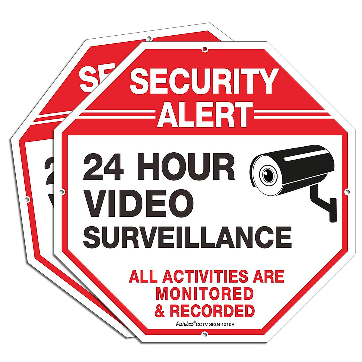 2-Pack Video Surveillance Sign, 10 x 10 Rust Free .040 Aluminum Security Warning Reflective Metal Signs, Indoor or Outdoor Use for Home Business CCTV Security Camera, UV Protected & Waterproof,Red