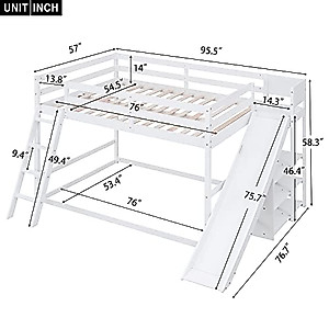 BOVZA Full Over Full Bunk Beds with Slide, Wood Floor Low Bunk Bed Frame with Storage Shelves and Ladder for Kids Boys Girls Teens, White