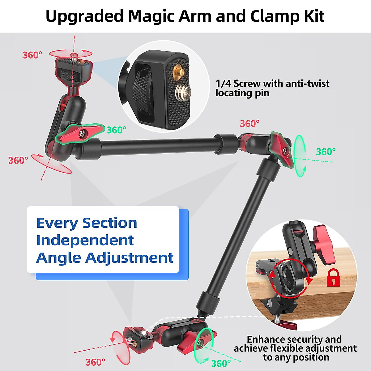 Hemmotop 22in Magic Arm with Clamp, Long Articulating Arm Camera Mount, Adjustable Phone Mount Holder 360° Rotation, Mic Arm for Microphone, LED Lights, for iPhone, Tripod, Desk, Table
