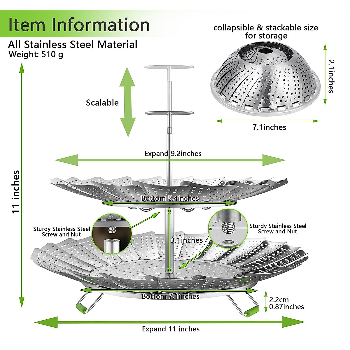 VOGARB Vegetable Steamer Basket,2 Layer Kitchen Baskets Capacity for Food Cooking,Stainless Steel Collapsible and Expandable,Large&Small Separably to Fit Various Size Pot