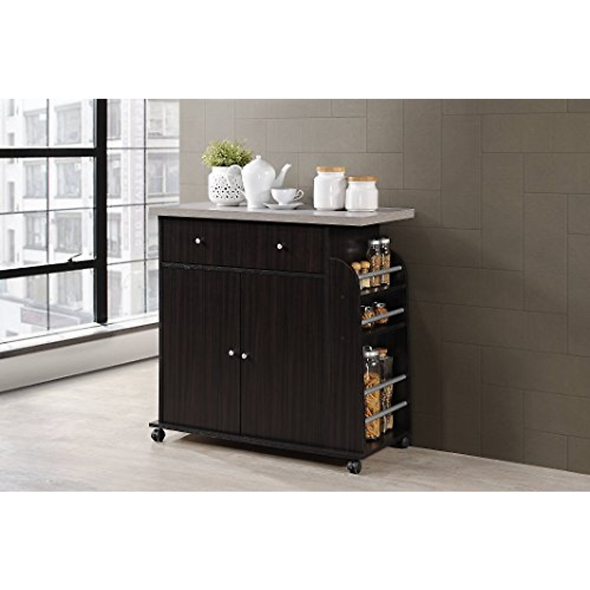 Hodedah Import Kitchen Island with Spice Rack and Towel Rack, Chocolate