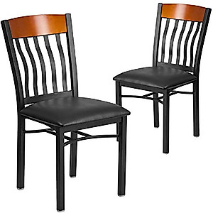 Flash Furniture 2 Pk. Eclipse Series Vertical Back Black Metal and Cherry Wood Restaurant Chair with Black Vinyl Seat