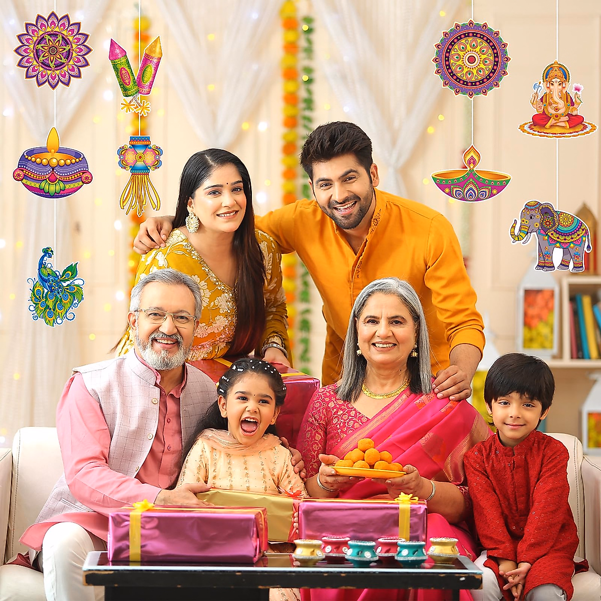 Diwali Paper Cutout Decorations for Home,Diwali Decor with Rangoli Peacock Ganesh Diya Elephant for Rangoli Deepavali Party Decorations Supplies-45 Pcs