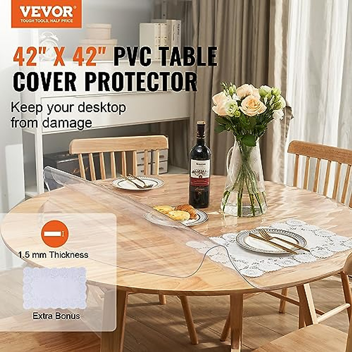 VEVOR Clear Table Cover Protector, 42 inch/1068 mm Round Table Cover, 1.5 mm Thick PVC Plastic Tablecloth, Waterproof Desktop Protector for Writing Desk, Coffee Table, Dining Room Table