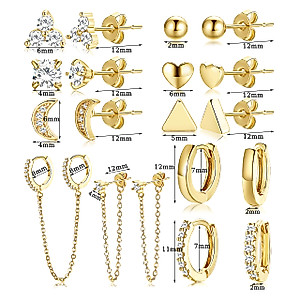 10 Pairs 14K Gold Plated Studs Earrings and Hoops Set for Women, Hypoallergenic Small Dainty Minimalist Chain Hoop CZ Ball Earrings Sets for Multiple Piercing. (1-GOLD)