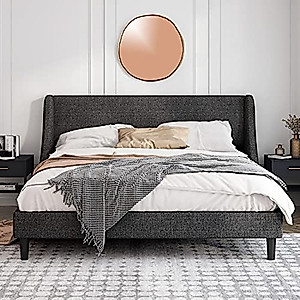 Einfach King Size Platform Bed Frame with Wingback Headboard/Fabric Upholstered Mattress Foundation with Wooden Slat Support, Dark Grey