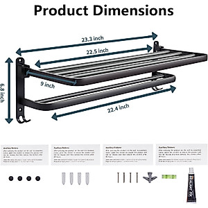 Towel Racks for Bathroom 24 inch, Matte Black Towel Rack Wall Mounted with Double Shelf, Bathroom Towel Shelf with Towel Bar, Rustproof Wall Towel Rack with Hooks, Adhesive Bath Towel Holder