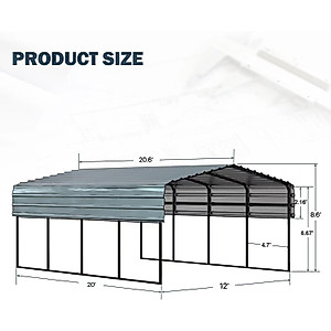 EROMMY 12x20 FT Metal Carport, 12' x 20' x 8.6' Heavy Duty Carport Canopy with Galvanized Metal Roof and Frame for Pickup, Boat, Car and Tractors