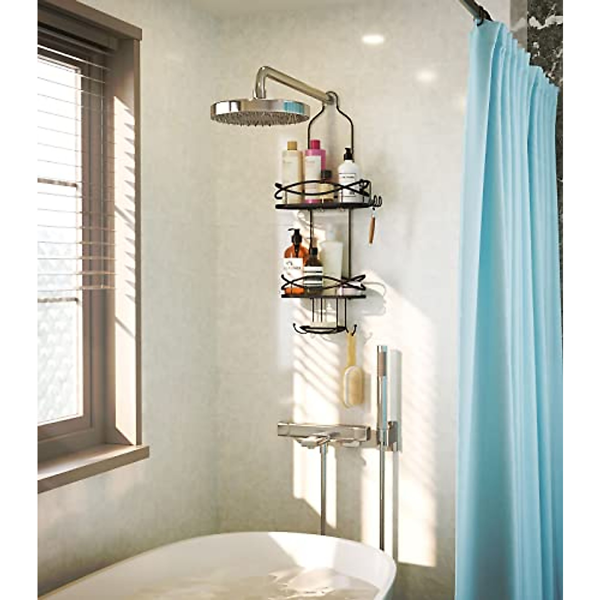 Bunoxea Anti-Swing Hanging Shower Caddy, Over Head Shower Caddy Extra-Large Rustproof with Hooks for Razors, Sponge and more, Metal Black