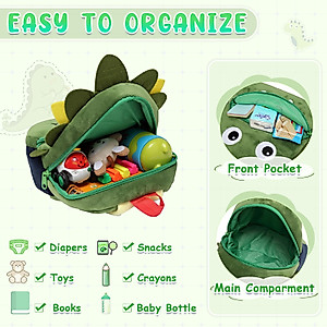 Cute Toddler Backpack for Boys and Girls, KASQO 9.4" 3D Soft Plush Animal Mini Lightweight Travel Bag for Baby 2-6 Years Old, Green Dinosuar