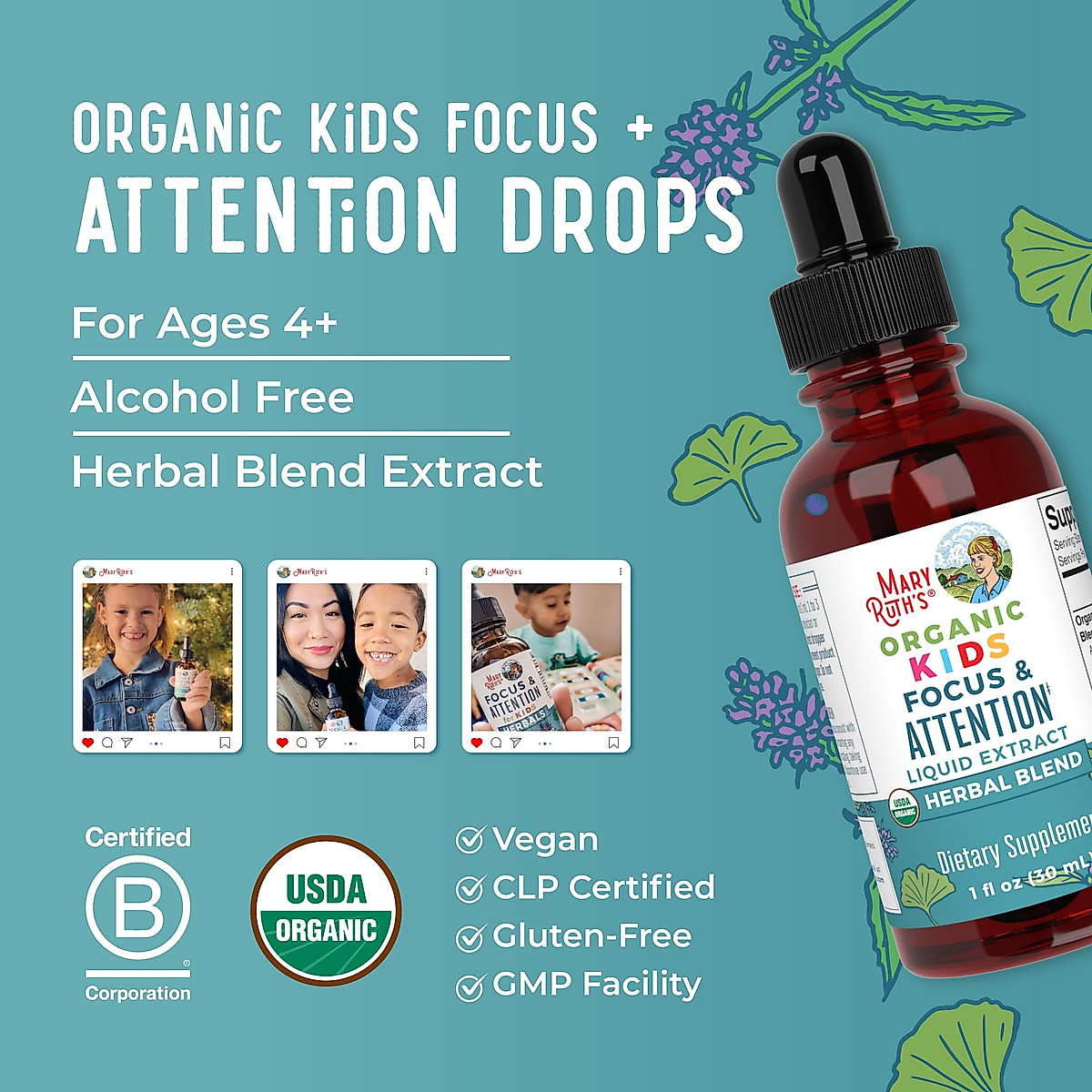 MaryRuth Organics Kids Brain Supplements for Memory and Focus, USDA Organic Drops with Ginkgo Biloba, Rhodiola Root & Licorice Root, Focus & Attention, Calm, Vegan, Non-GMO, Gluten Free, 30 Servings