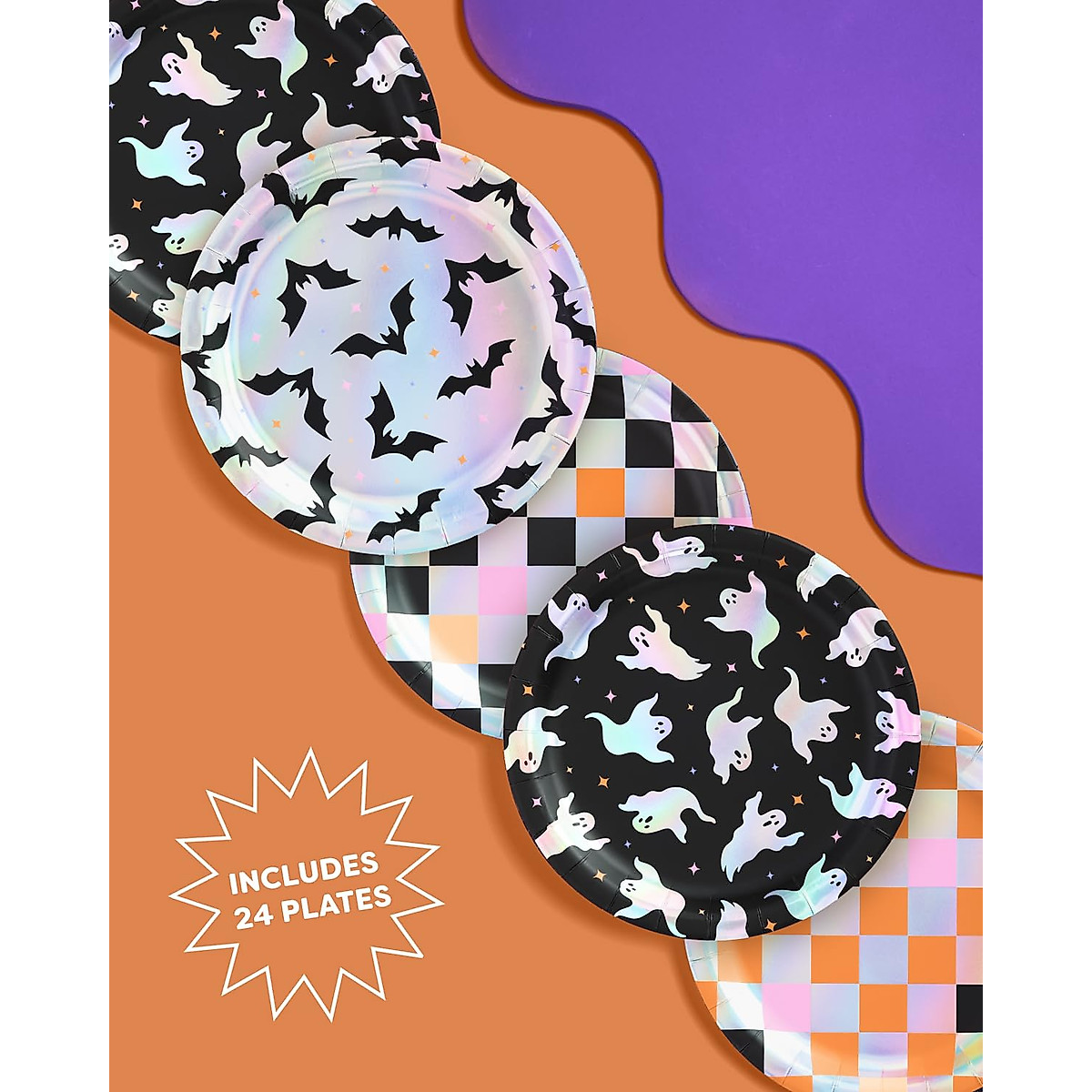 xo, Fetti Halloween Plates - 24 pcs | Halloween Tablescape, Spooky Season Setting, Haunted House Party, Checkered Kids Table Decor