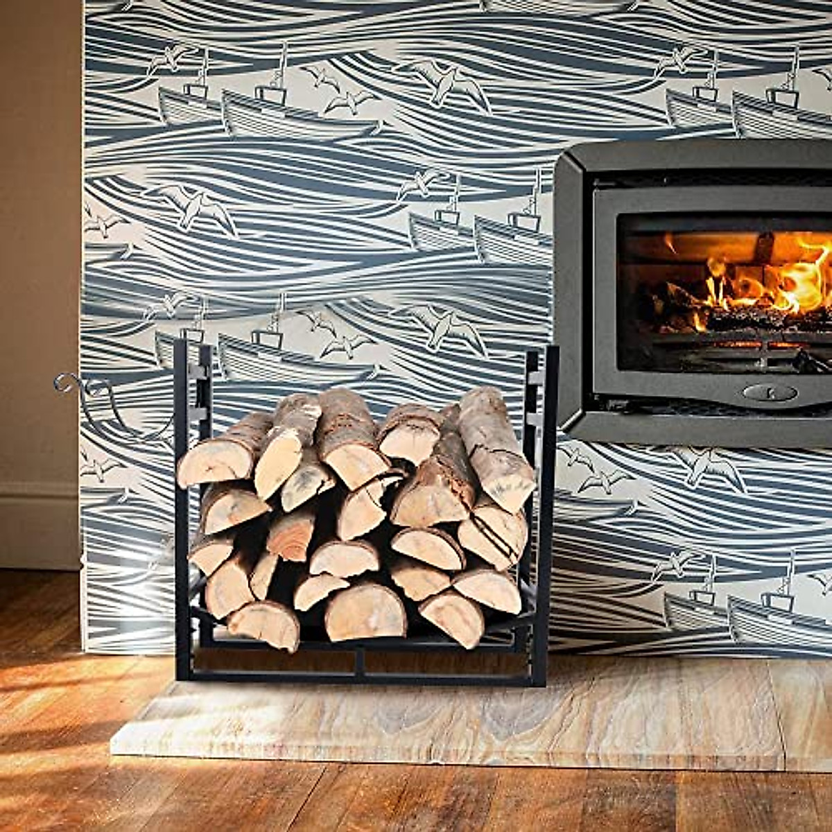 GREEN PARTY Firewood Rack with Kindling Holder, 3ft Heavy Duty Metal Firewood Holder, 30" Tall Indoor/Outdoor Log Rack Wood Holder for Fireplace Kindling Wood Storage and Wood Stove Accessories